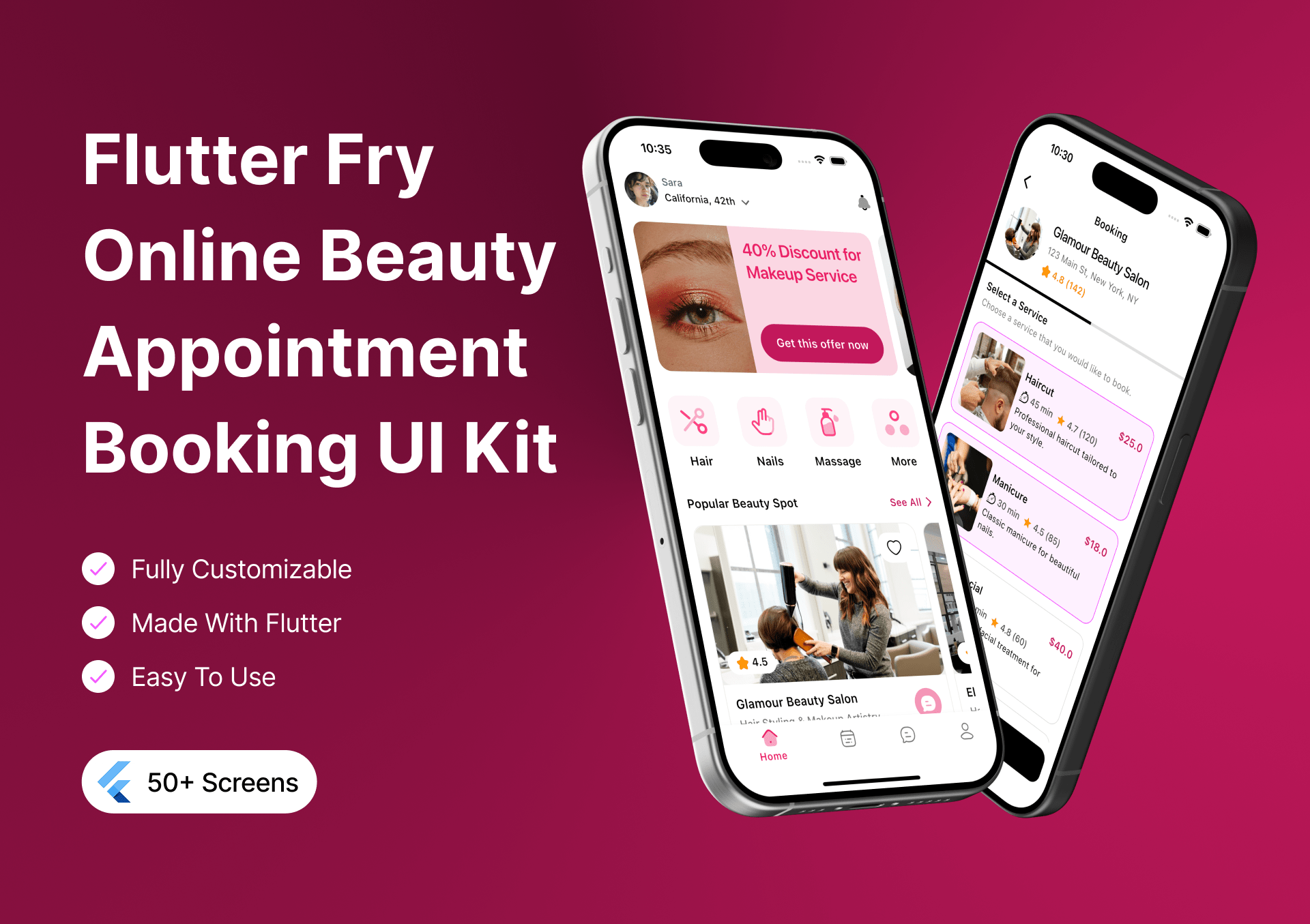 Fry: Flutter Beauty Salon & Spa Appointment UI Kit | Booking Template